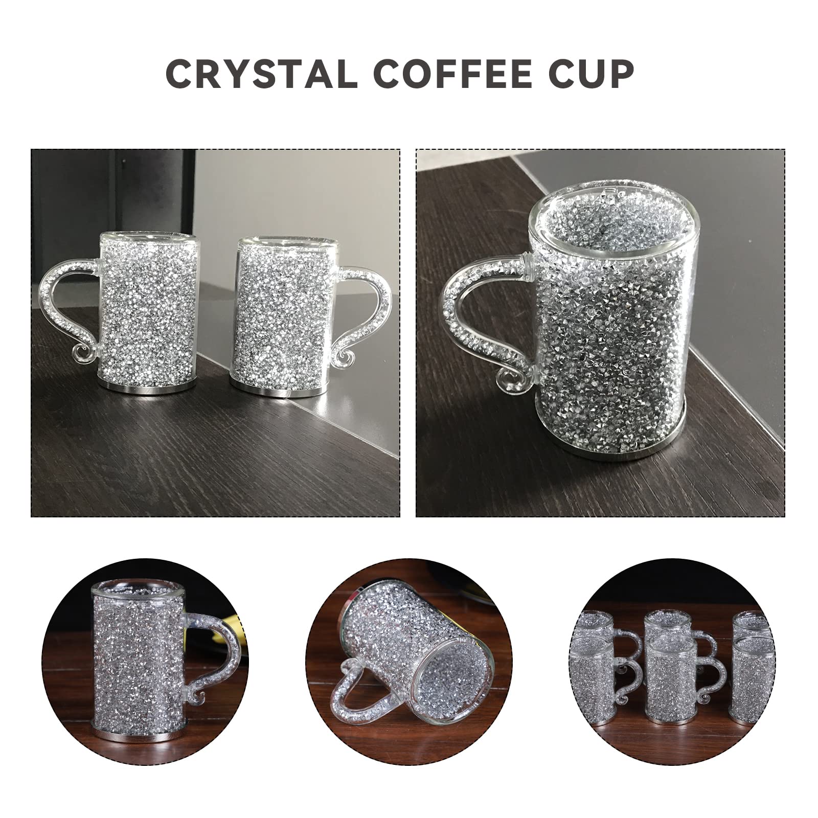 Kawlity Diamond Crystal Coffee Mug Set of 6 with Handle, Glass Mugs, Cappuccino Cup Juice Cup, 6 Oz Crushed Mug Cups, Double Layer Heat Insulation Vacuum Glass Mug Cups for Coffee/Milk/Tea/Juice/Beer