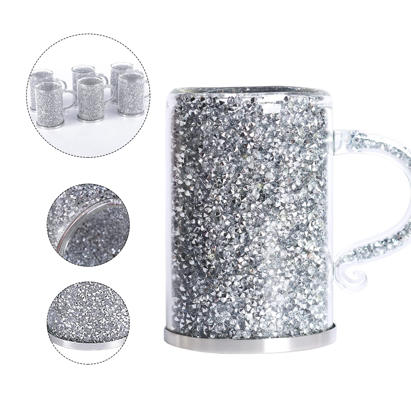 Kawlity Diamond Crystal Coffee Mug Set of 6 with Handle, Glass Mugs, Cappuccino Cup Juice Cup, 6 Oz Crushed Mug Cups, Double Layer Heat Insulation Vacuum Glass Mug Cups for Coffee/Milk/Tea/Juice/Beer