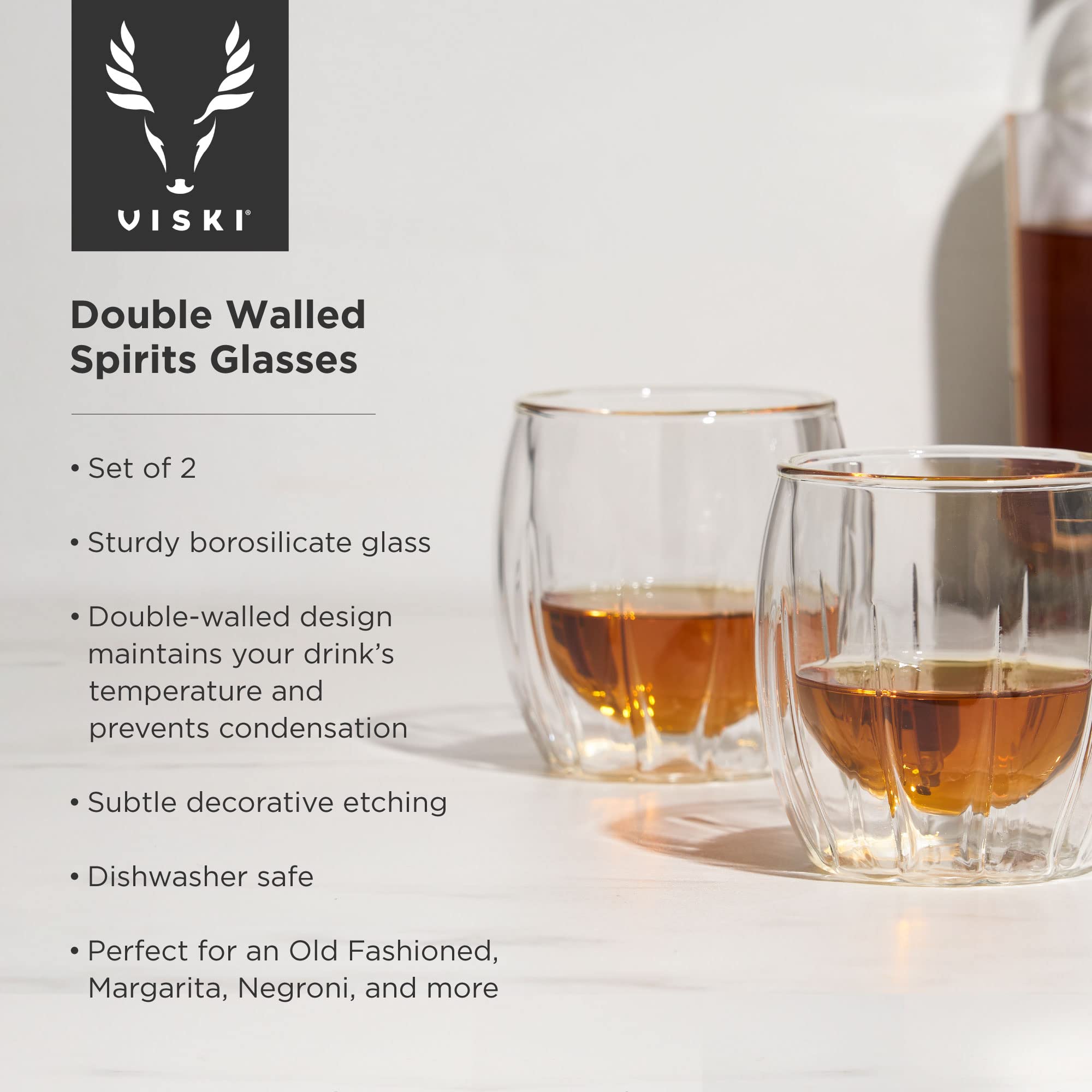 Viski Double-Walled Spirits Glasses, Insulated Liquor Tumblers with Cut Crystal Design, Dishwasher Safe 8.5 Oz, Clear, Set of 2