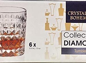 Czech Bohemian Crystal Glass Set of 6 Whiskey Glasses 8oz./250ml. Elegant Diamond Design Heavy Base Old Fashioned Style Bourbon Scotch Brandy Holiday Gift Birthday Wedding Housewarming Anniversary