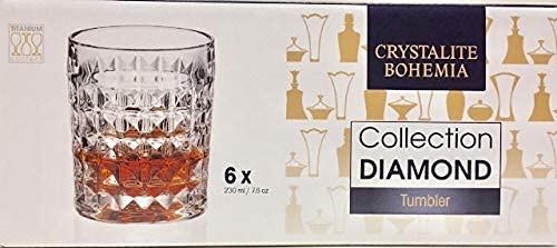 Czech Bohemian Crystal Glass Set of 6 Whiskey Glasses 8oz./250ml. Elegant Diamond Design Heavy Base Old Fashioned Style Bourbon Scotch Brandy Holiday Gift Birthday Wedding Housewarming Anniversary