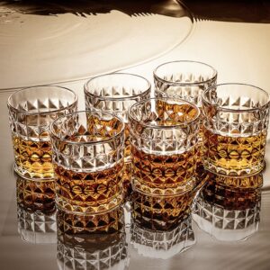 Czech Bohemian Crystal Glass Set of 6 Whiskey Glasses 8oz./250ml. Elegant Diamond Design Heavy Base Old Fashioned Style Bourbon Scotch Brandy Holiday Gift Birthday Wedding Housewarming Anniversary