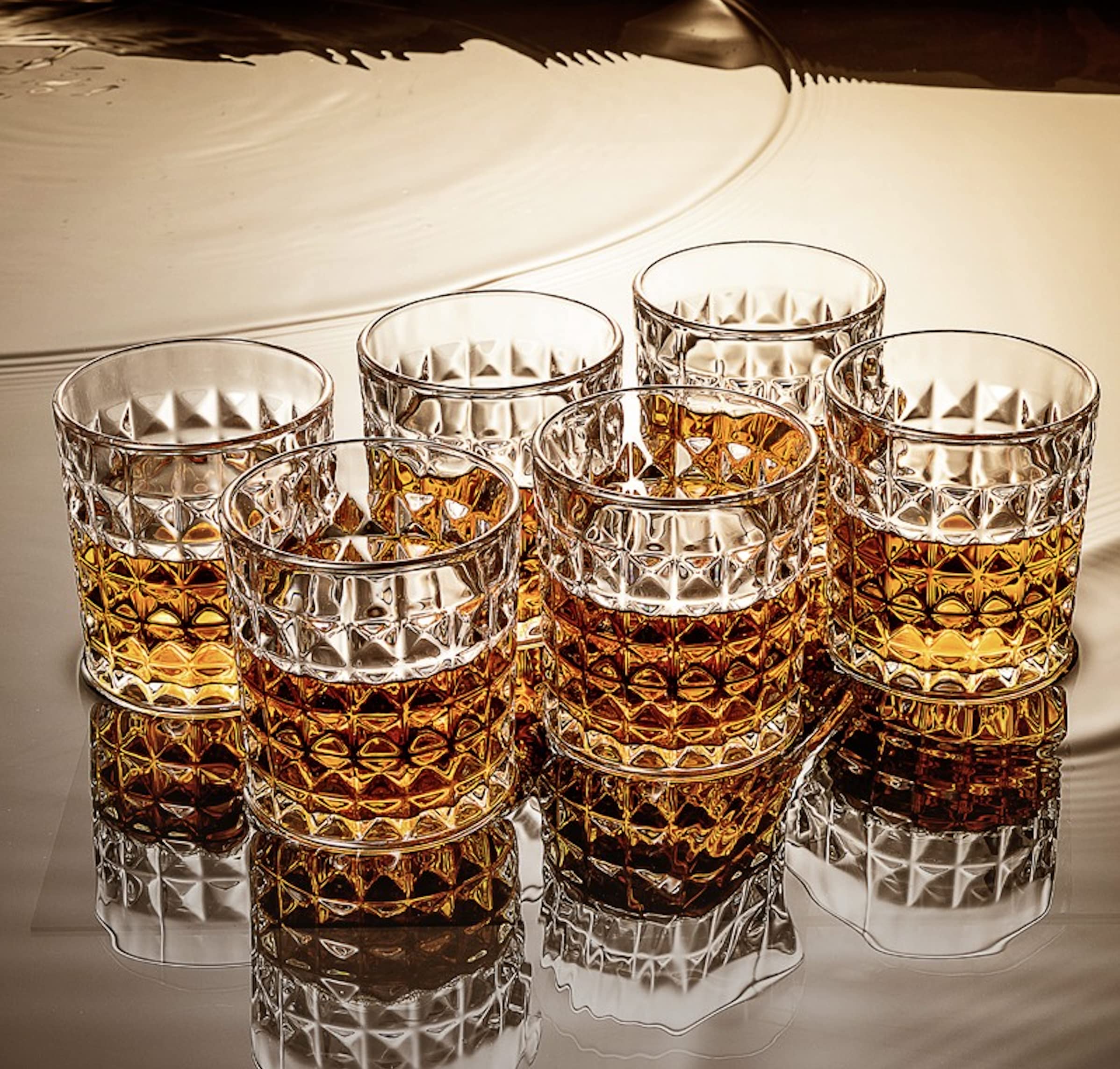 Czech Bohemian Crystal Glass Set of 6 Whiskey Glasses 8oz./250ml. Elegant Diamond Design Heavy Base Old Fashioned Style Bourbon Scotch Brandy Holiday Gift Birthday Wedding Housewarming Anniversary