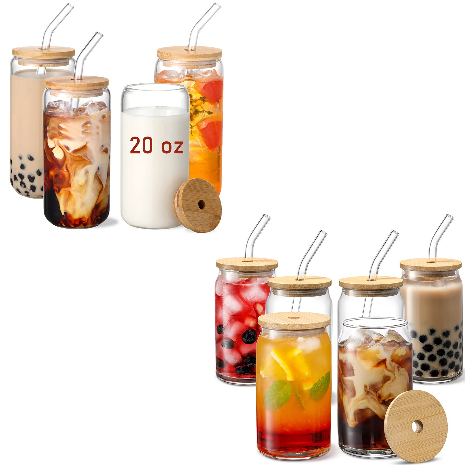 VITEVER 6 Pack 16oz & 4 Pack 20oz Glass Cups with Bamboo Lids and Glass Straw - Beer Can Shaped Drinking Glasses, Iced Coffee Glasses, Cute Tumbler Cup for Smoothie, Boba Tea, Gift