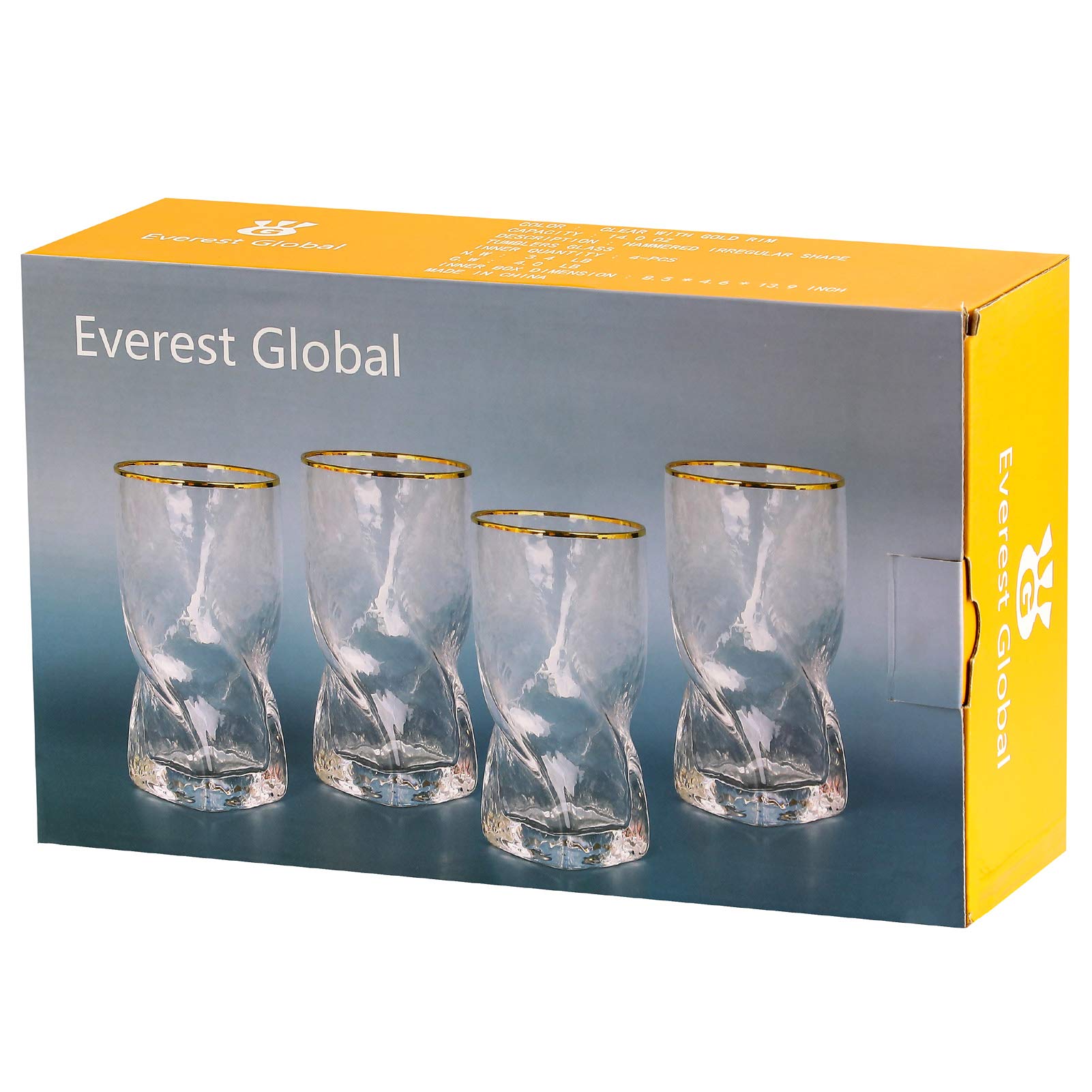 EVEREST GLOBAL Whisky Glasses Set of 4, 14 oz Unique Creative Twist Scotch Glasses, Old Fashioned Whiskey Glasses for Bourbon, Scotch, Tequila, Cognac, Rum