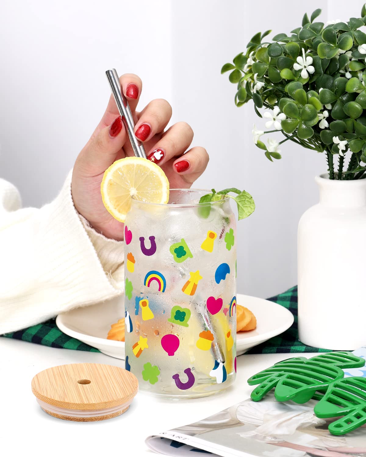 Nefelibata Lucky Charm Iced Coffee Glass Cup Beer Can Glass 16oz with Bamboo Lid and Metal Straw Feeling St. Patrick's Day Drinking Glasses Preppy Smoothie Tumbler Mug Modern Coffee Gift Idea