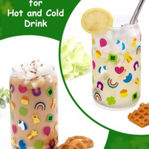 Nefelibata Lucky Charm Iced Coffee Glass Cup Beer Can Glass 16oz with Bamboo Lid and Metal Straw Feeling St. Patrick's Day Drinking Glasses Preppy Smoothie Tumbler Mug Modern Coffee Gift Idea