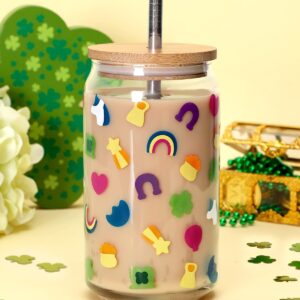 Nefelibata Lucky Charm Iced Coffee Glass Cup Beer Can Glass 16oz with Bamboo Lid and Metal Straw Feeling St. Patrick's Day Drinking Glasses Preppy Smoothie Tumbler Mug Modern Coffee Gift Idea