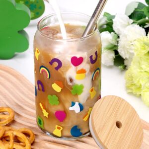 Nefelibata Lucky Charm Iced Coffee Glass Cup Beer Can Glass 16oz with Bamboo Lid and Metal Straw Feeling St. Patrick's Day Drinking Glasses Preppy Smoothie Tumbler Mug Modern Coffee Gift Idea