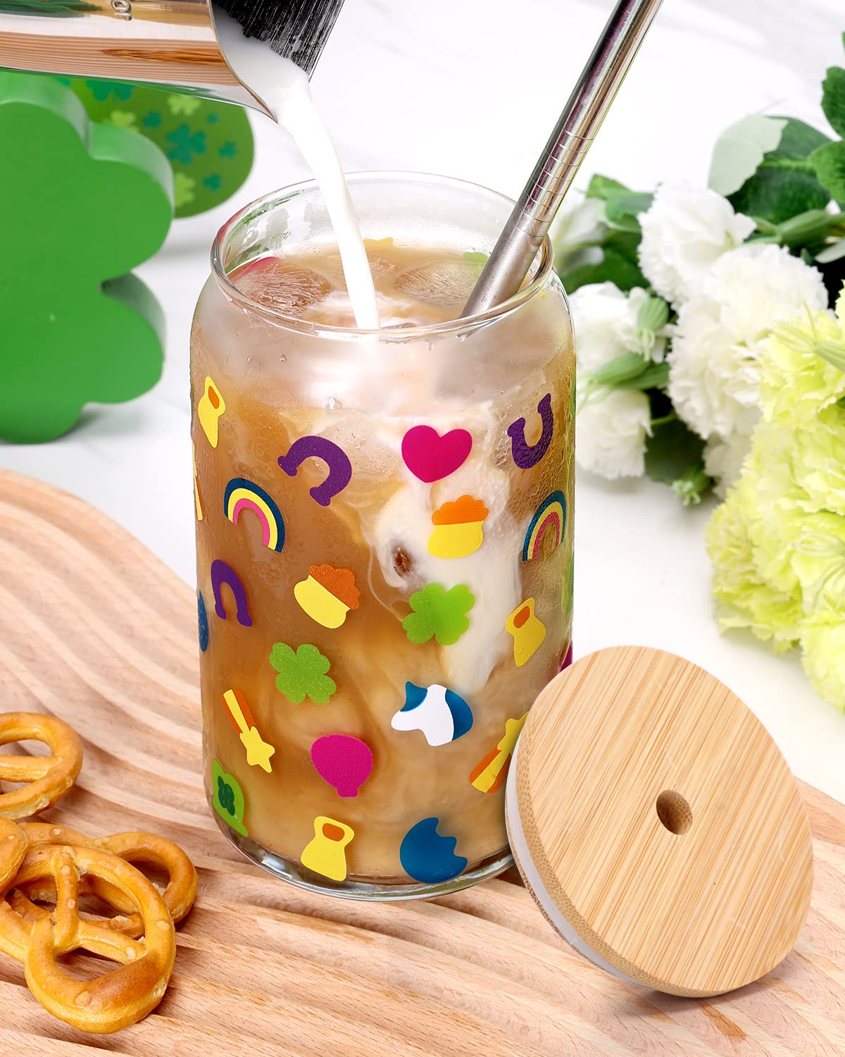 Nefelibata Lucky Charm Iced Coffee Glass Cup Beer Can Glass 16oz with Bamboo Lid and Metal Straw Feeling St. Patrick's Day Drinking Glasses Preppy Smoothie Tumbler Mug Modern Coffee Gift Idea