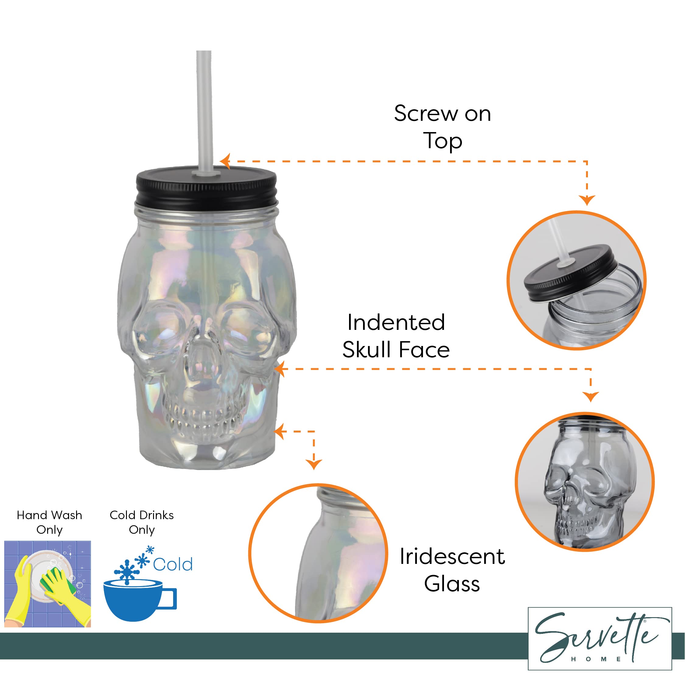 Servette Home 18oz Tumbler with Reusable Straw and Leakproof Lid Glass Skull Cup - Irridescent