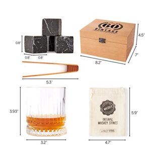 Hediye Sepeti Whiskey Gift Set, 100% Lead-Free Crystal Glass, Luxury Whiskey Stone Set, Wood Box, Great for Whiskey, Bourbon and Liquor, Birthday, House Warming and Retirement Gifts 1Glass (60th)