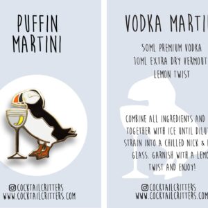 Cocktail Critters Enamel Pins for Bartender Aprons, Jackets, Backpacks and Purses, Shirt and Suit Lapels, Cute Button Badges Brooch Fashion Jewelry (Puffin x Vodka Martini)