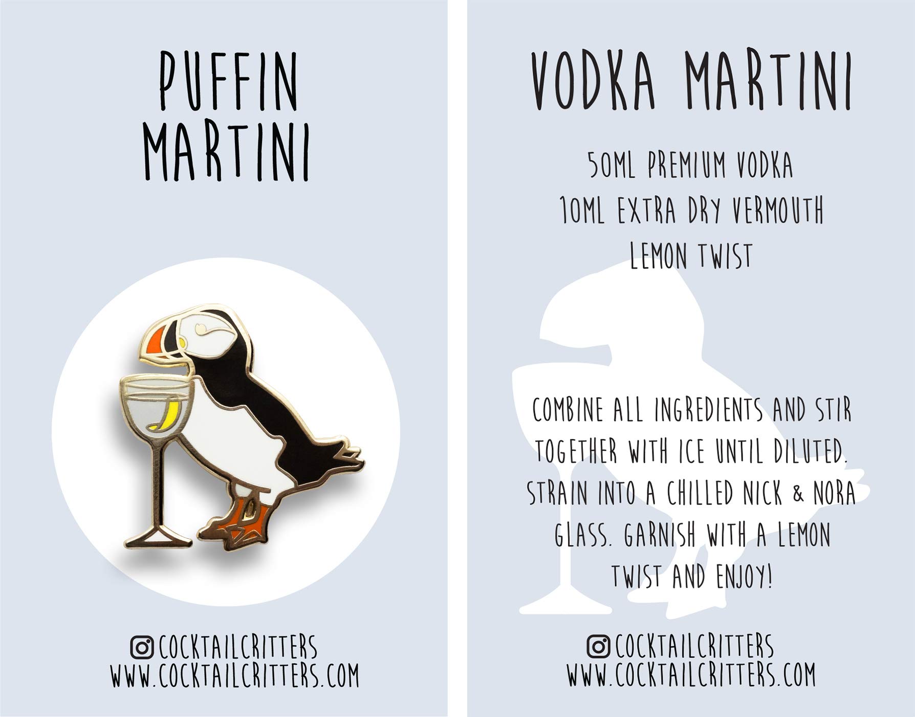 Cocktail Critters Enamel Pins for Bartender Aprons, Jackets, Backpacks and Purses, Shirt and Suit Lapels, Cute Button Badges Brooch Fashion Jewelry (Puffin x Vodka Martini)