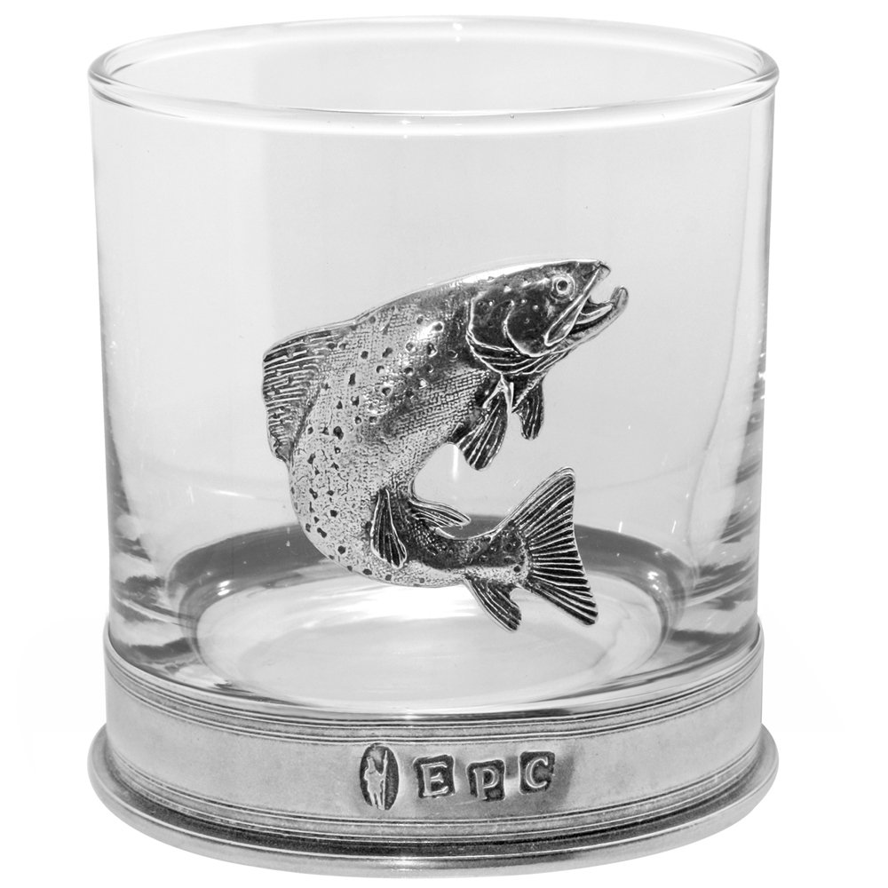 English Pewter Company 11oz Old Fashioned Whisky Rum Rocks Glass With Stunning Fishing Trout Badge [TUM09]