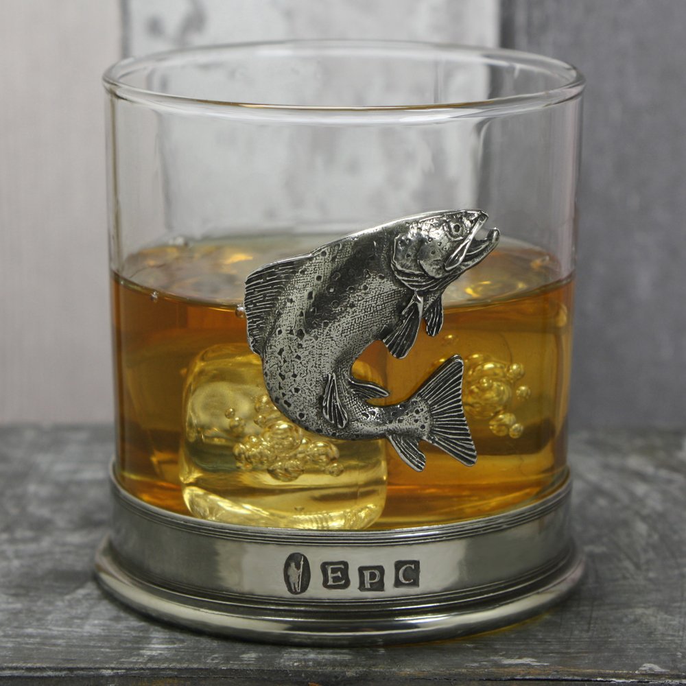 English Pewter Company 11oz Old Fashioned Whisky Rum Rocks Glass With Stunning Fishing Trout Badge [TUM09]