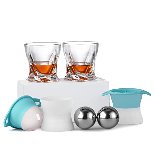 Whiskey Rocks Glass, Set of 6 (2 Crystal Bourbon Glasses, 2 Stainless Steel Ice Balls, 2 Round Ice Ball Molds) - 9 Oz Old Fashioned Glasses for Rum Cognac Vodka Liquor Scotch Cocktail, Gifts for Men