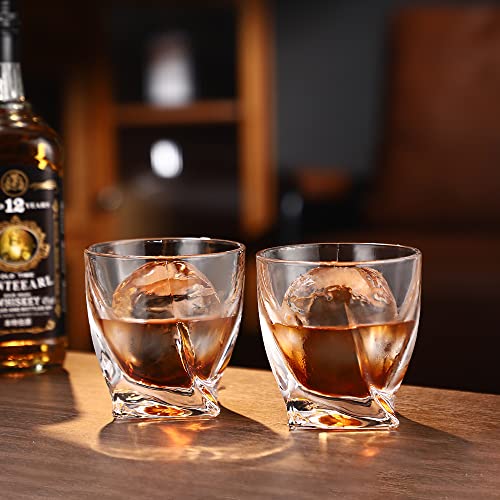 Whiskey Rocks Glass, Set of 6 (2 Crystal Bourbon Glasses, 2 Stainless Steel Ice Balls, 2 Round Ice Ball Molds) - 9 Oz Old Fashioned Glasses for Rum Cognac Vodka Liquor Scotch Cocktail, Gifts for Men