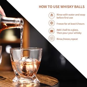 Whiskey Rocks Glass, Set of 6 (2 Crystal Bourbon Glasses, 2 Stainless Steel Ice Balls, 2 Round Ice Ball Molds) - 9 Oz Old Fashioned Glasses for Rum Cognac Vodka Liquor Scotch Cocktail, Gifts for Men