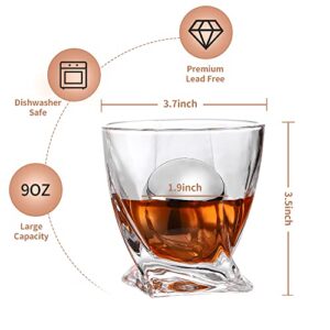 Whiskey Rocks Glass, Set of 6 (2 Crystal Bourbon Glasses, 2 Stainless Steel Ice Balls, 2 Round Ice Ball Molds) - 9 Oz Old Fashioned Glasses for Rum Cognac Vodka Liquor Scotch Cocktail, Gifts for Men