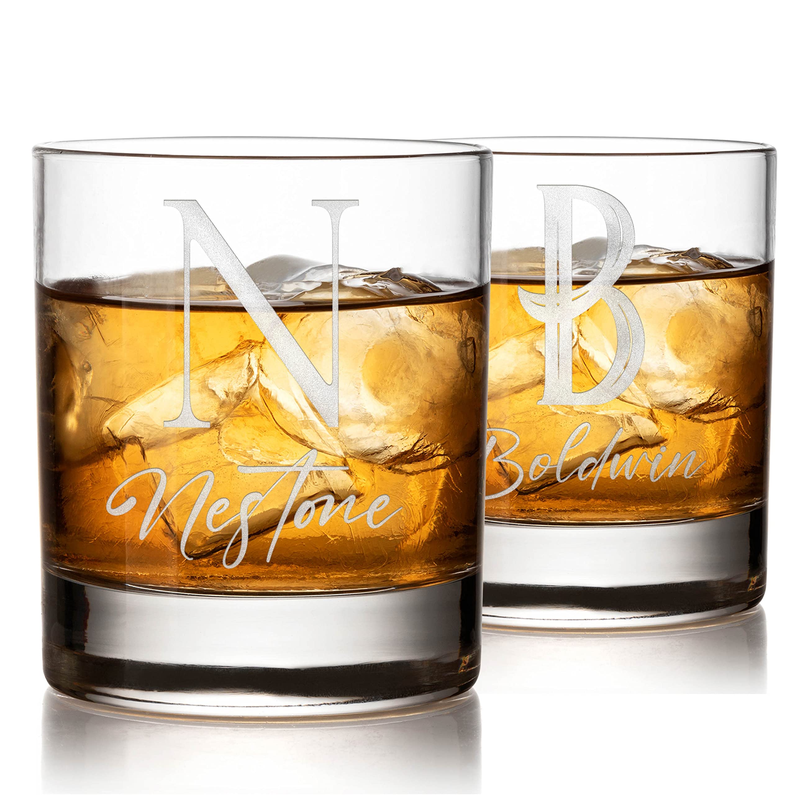 Personalized Whiskey Glasses Set of 2, Custom Rocks Glasses for Scotch, Bourbon, 10 oz, 5 Initial Designs, Engraved Whiskey Glass Set, Whiskey Gifts for Men, Old Fashioned Lowball Glasses