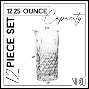 Vikko Drinking Glass, Set of 12 Tall Beverage Glasses, 12.25 Ounce Highball Glasses, Dishwasher Safe Collins Glass