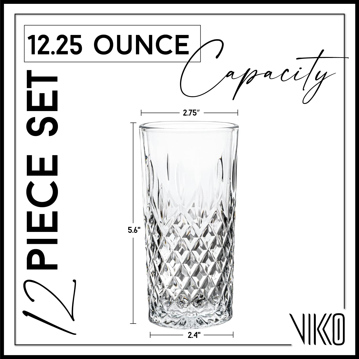 Vikko Drinking Glass, Set of 12 Tall Beverage Glasses, 12.25 Ounce Highball Glasses, Dishwasher Safe Collins Glass