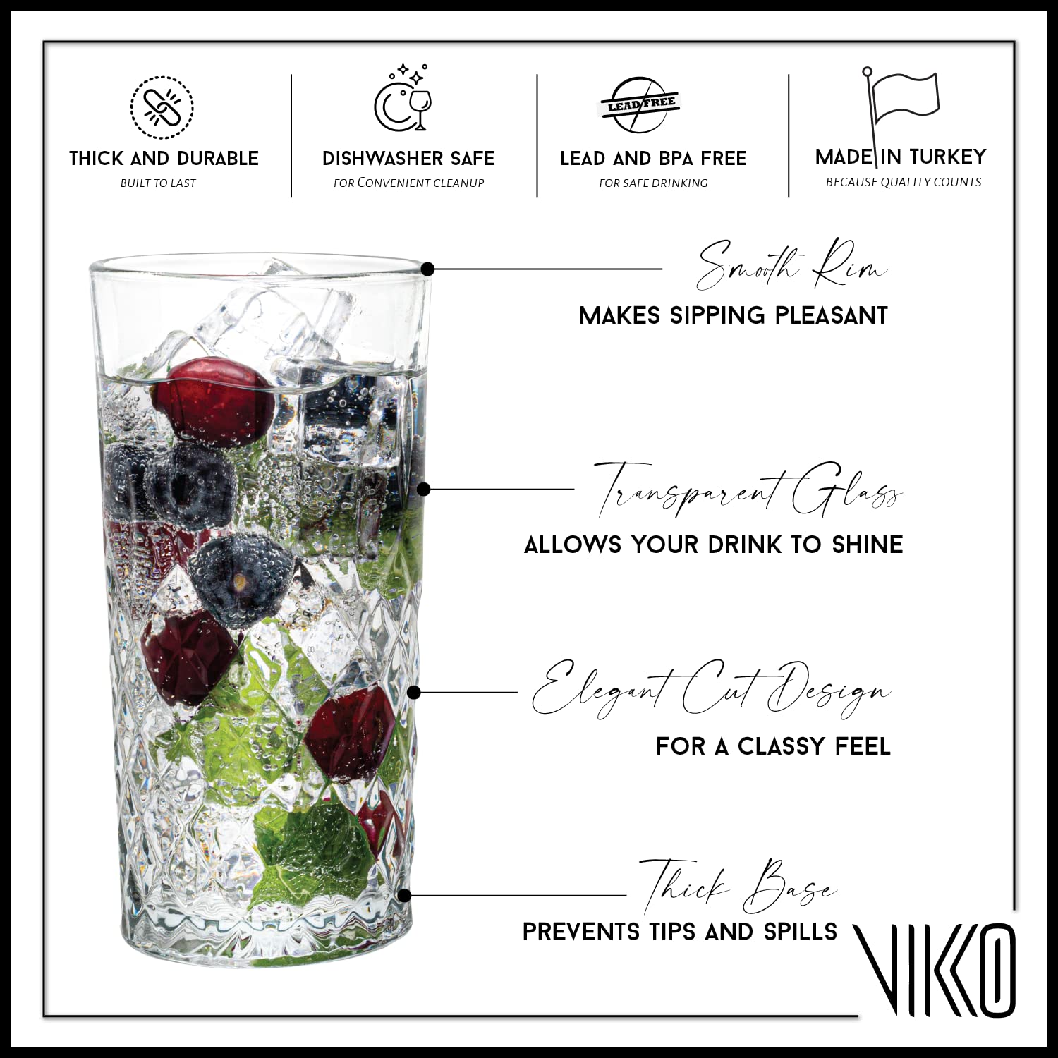 Vikko Drinking Glass, Set of 12 Tall Beverage Glasses, 12.25 Ounce Highball Glasses, Dishwasher Safe Collins Glass