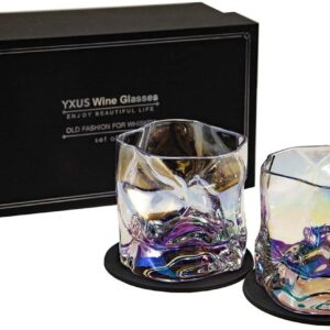 Old Fashioned Whiskey Glasses Set of 2, 10oz Colorful Rock Glasses with 2 Coasters, Couple Whiskey Tumbler Set, Cool Design Cocktail Bourbon Scotch Glasses Gifts for Men, Perfect Whiskey Gifts for Him