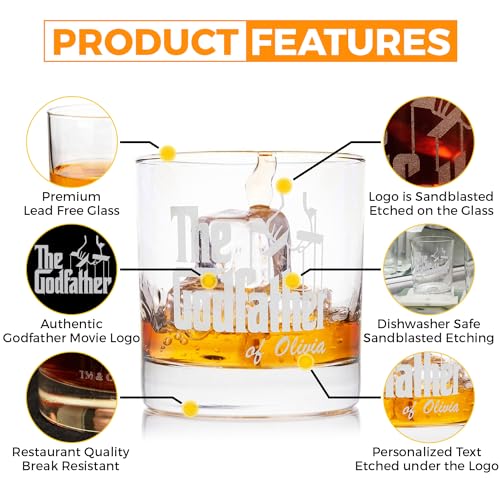 The Godfather Etched Whiskey Glass - w/Your Personalized Text - Officially Licensed, Premium Quality, Handcrafted Glassware, 11 oz. Rocks Glass - A Perfect Collectible Gift for Your Loved Ones