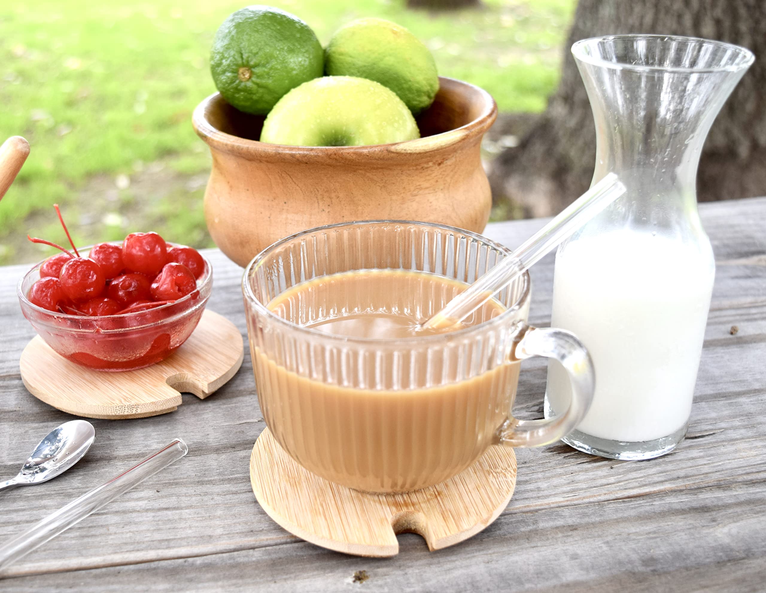 KC 2pc Glass Coffee Vintage Mug Set With Bamboo Lid And Glass Straw - 15oz Jumbo Glass Cup With Stainless Steel + Bamboo Spoon And Glass Straw - Glass Snack Bowl With Spoon