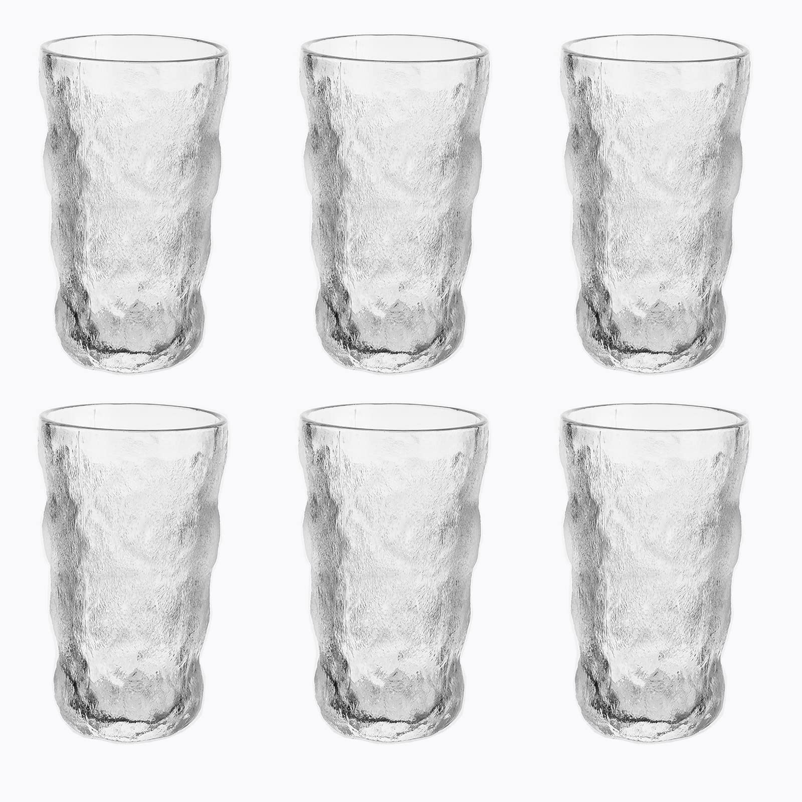 WANZPITS Drinking Glasses Set of 6, 13.8 OZ Glacier Pattern Colorful Glass Water Cups Frosted Clear Texture Household Coffee Beverages Juice Beer Cocktails Whiskey Cup, for Home Office Bar,Clean long