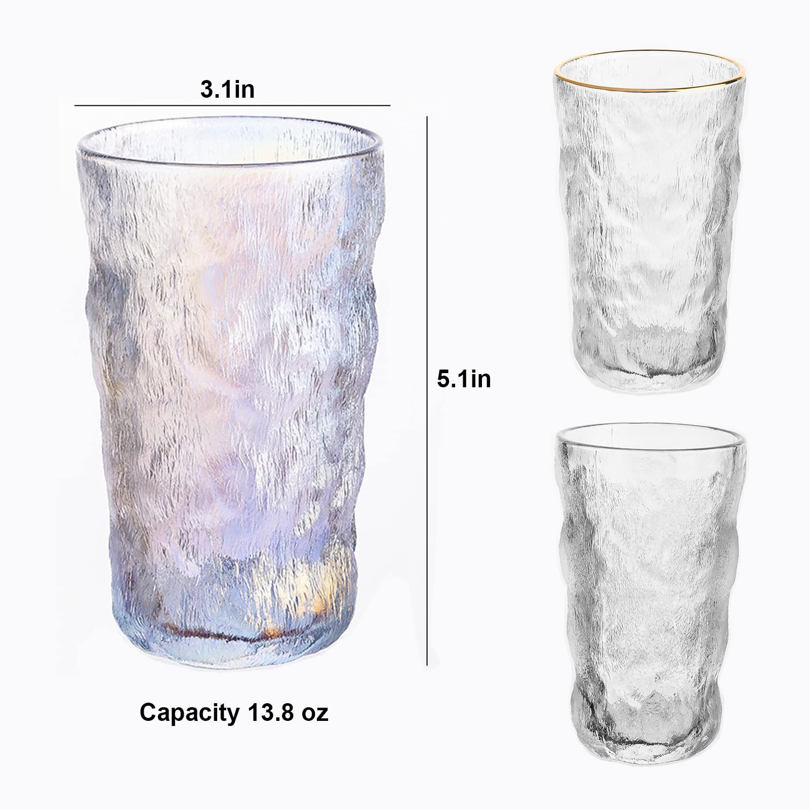 WANZPITS Drinking Glasses Set of 6, 13.8 OZ Glacier Pattern Colorful Glass Water Cups Frosted Clear Texture Household Coffee Beverages Juice Beer Cocktails Whiskey Cup, for Home Office Bar,Clean long