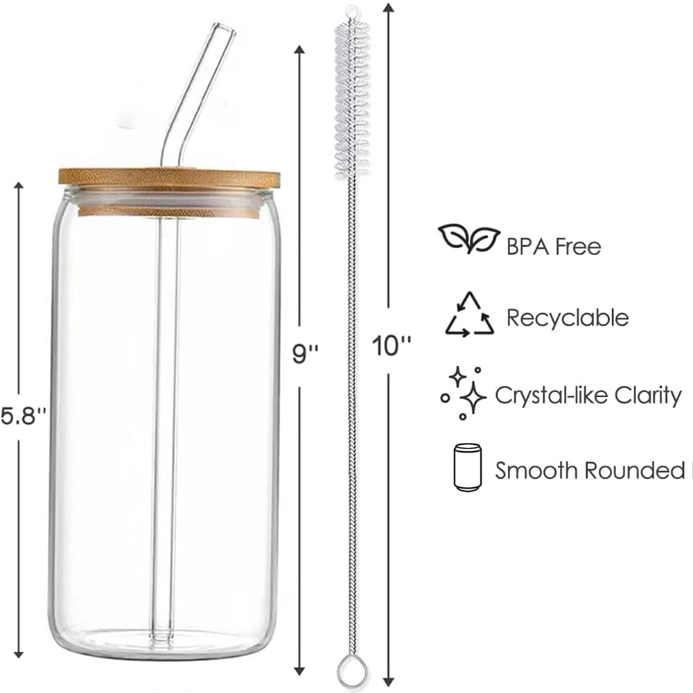 Euchinghea Glass Tumbler with Straw And Lid - 16oz Drinking Glasses 4pcs Set - Iced Coffee Cups With Lids And Straw,Boba Cup,Beer Can Glass,Cute Coffee Cups