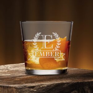 TEEAMORE Personalized Old Fashioned Cocktail Glass Add Your Initial Birthday Housewarming Gift Etched Rocks Whiskey Glass 9oz