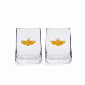 spode creatures of curiosity collection double old-fashioned glasses set of 2, 11-ounce, glass tumbler, gold moth detail, use for whiskey, bourbon, or cocktails