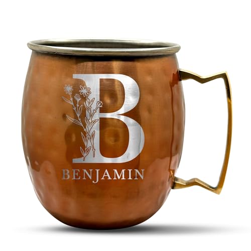 Personalized Custom Brown Mug Hammered Finish Moscow Mule with Brass Handle | Bold Earth Monogram Engraved Bar Style Cup, 18 oz | Single