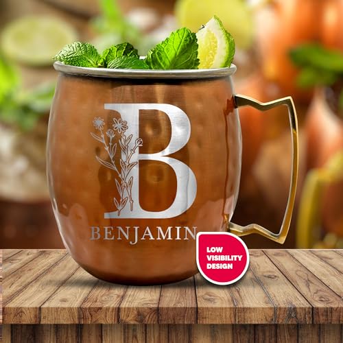 Personalized Custom Brown Mug Hammered Finish Moscow Mule with Brass Handle | Bold Earth Monogram Engraved Bar Style Cup, 18 oz | Single