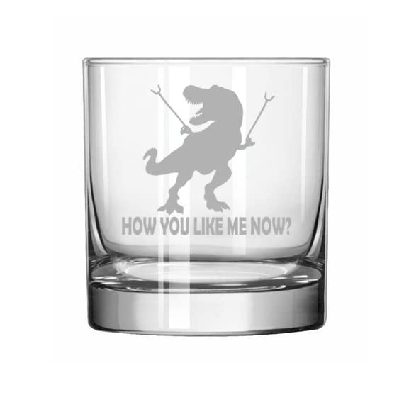 MIP Brand 11 oz Rocks Whiskey Old Fashioned Glass T-Rex Dinosaur How You Like Me Now Funny