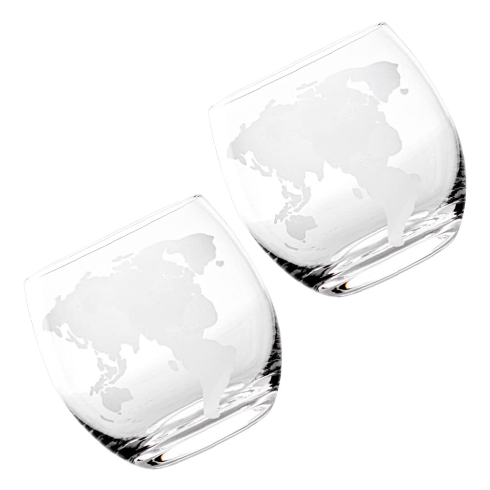 DOITOOL 2Pcs Globe Whiskey Glasses World Map Cocktail cups Novelty Clear Drinking Cups Etched Globe Map Drinkware Barware for Bourbon Manhattans Cocktails Wine Soda Juice Beverage 450ml