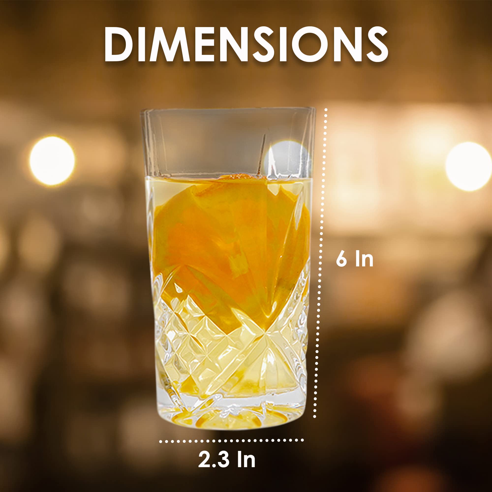 MINUTES GROUP Godinger Highball Glasses- 6pcs Tall Drinking Glasses Beverage Cups, Clear Water Glass with Heavy Weighted Base, Perfect for Juice Wine Beer Cocktails Whiskey and Mixed Drinks