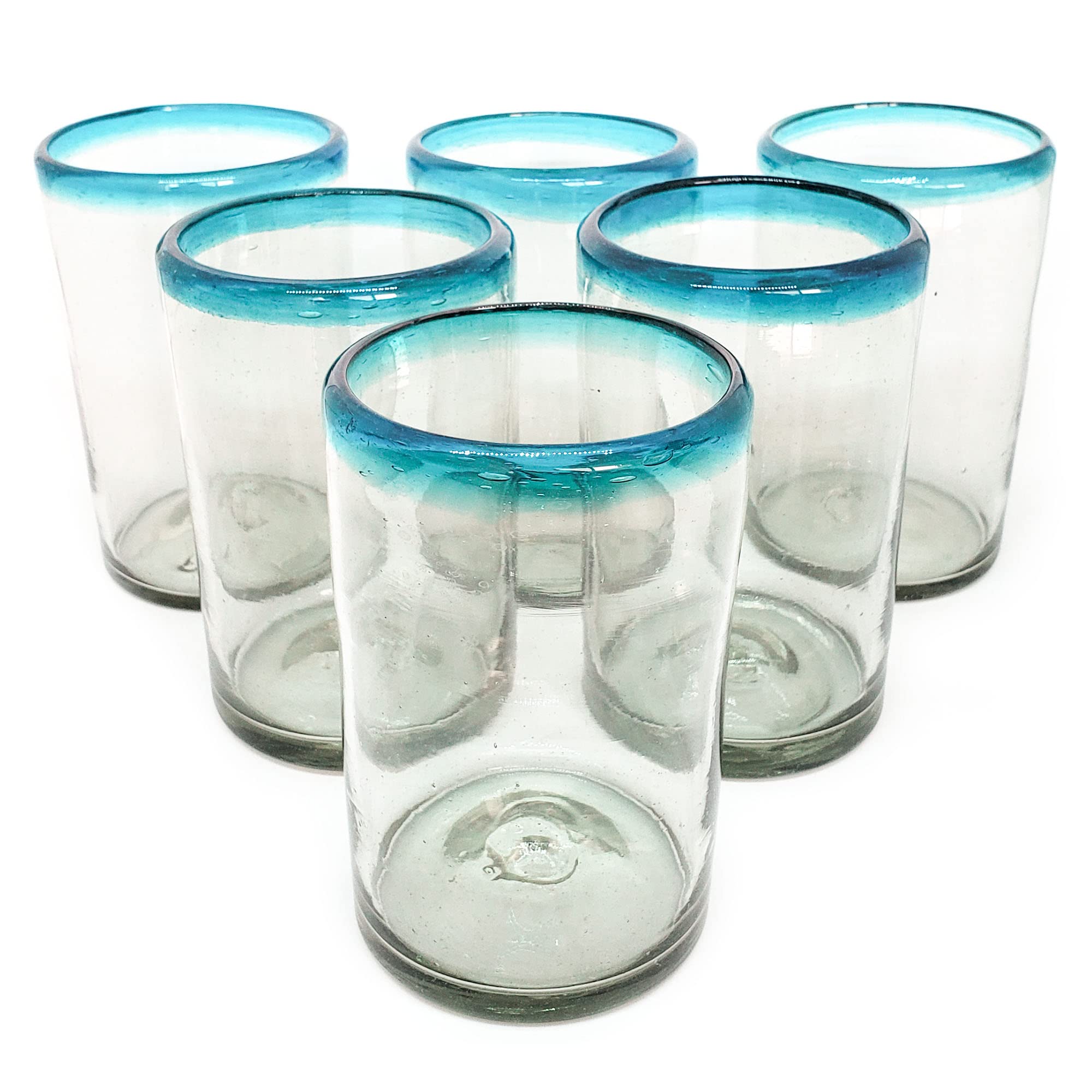 MexHandcraft Aqua Blue Rim 120 oz Pitcher and 6 Drinking Glasses set, Recycled Glass, Lead-free, Toxin-Free (Pitcher & Glasses)