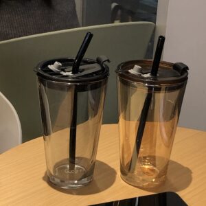 2 Pack 16 Ounce Tumbler with Lid and Straw, Leakproof Glass Cups with Lids and Straws, Iced Coffee Cup Silicone Sleeve Smoothie Cup Boba Cup