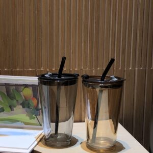 2 Pack 16 Ounce Tumbler with Lid and Straw, Leakproof Glass Cups with Lids and Straws, Iced Coffee Cup Silicone Sleeve Smoothie Cup Boba Cup