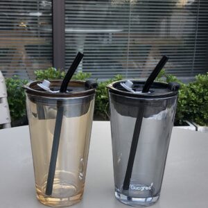 2 Pack 16 Ounce Tumbler with Lid and Straw, Leakproof Glass Cups with Lids and Straws, Iced Coffee Cup Silicone Sleeve Smoothie Cup Boba Cup