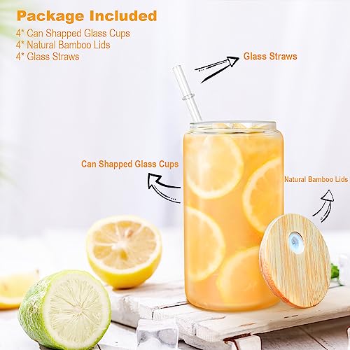 Nukeekee Drinking Glasses with Bamboo Lids and Glass Straw 4pcs Set - 16oz Can Shaped Glass Cups, Beer Glasses, Iced Coffee Glasses, Cute Tumbler Cup, Ideal for Cocktail, Whiskey, Gift