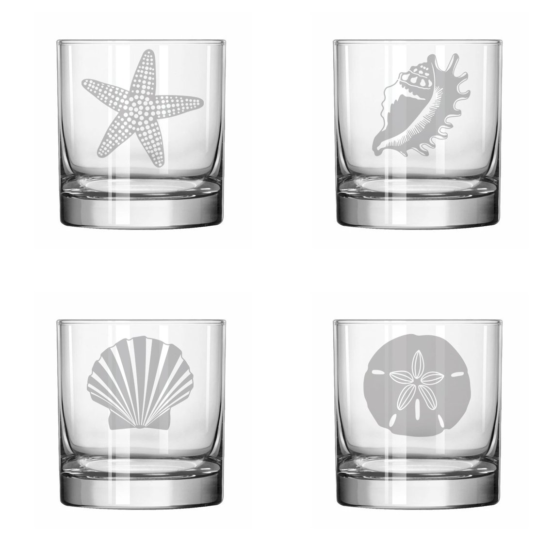 Set of 4 Glass 11 oz Rocks Whiskey Highball Sea Shells Sea Shore Collection