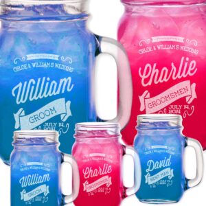 one retro personalized mason jars drinking mugs with handle engraved custom etched with name and date for wedding, engagement anniversary bridal party gift favor groomsmen bridesmaids gifts gift idea