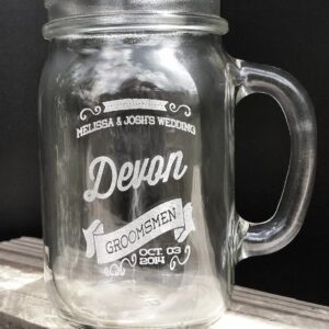 ONE Retro Personalized Mason Jars Drinking Mugs with Handle Engraved Custom Etched with Name and Date for Wedding, Engagement Anniversary Bridal Party Gift Favor Groomsmen Bridesmaids Gifts Gift Idea