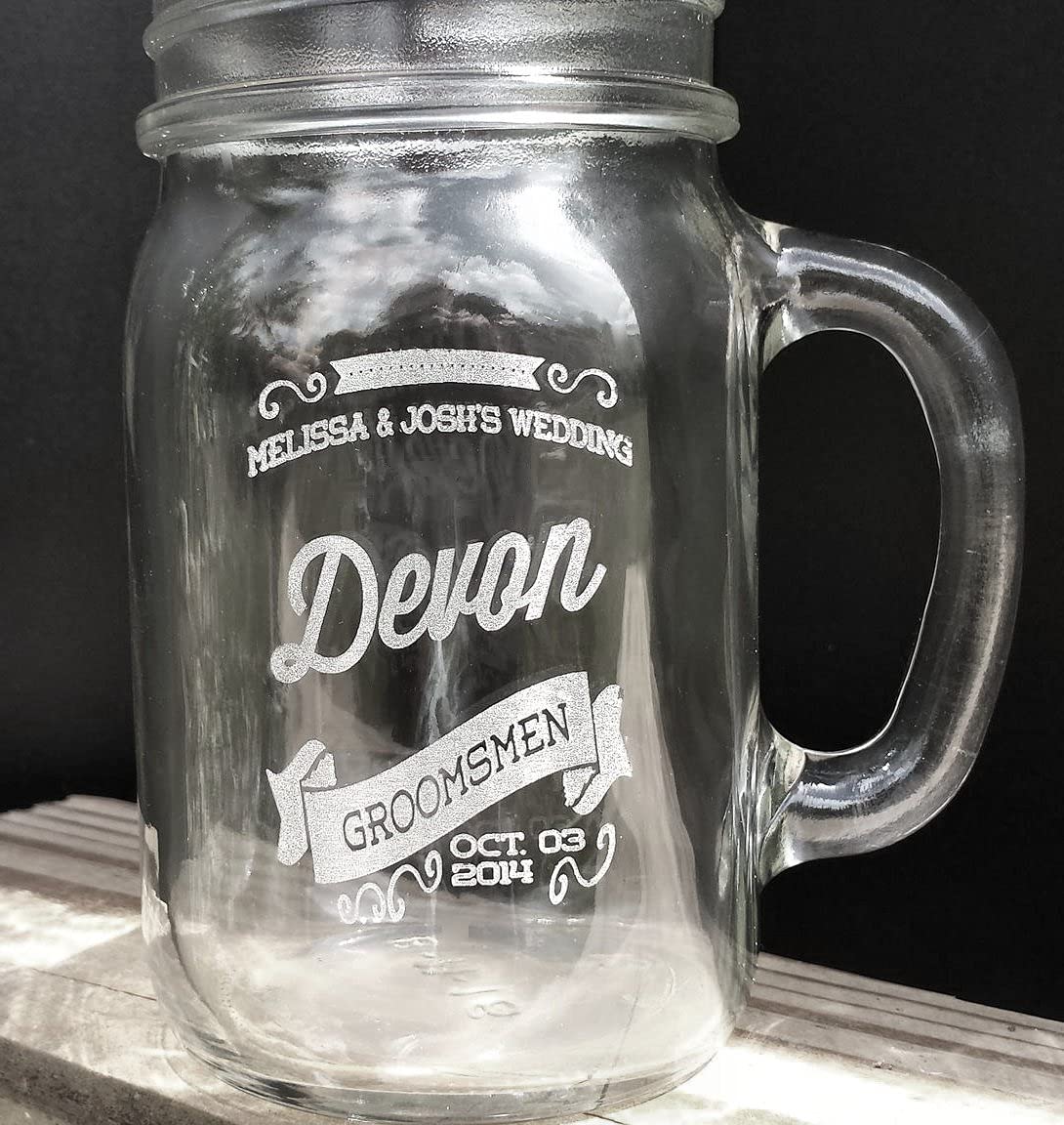 ONE Retro Personalized Mason Jars Drinking Mugs with Handle Engraved Custom Etched with Name and Date for Wedding, Engagement Anniversary Bridal Party Gift Favor Groomsmen Bridesmaids Gifts Gift Idea